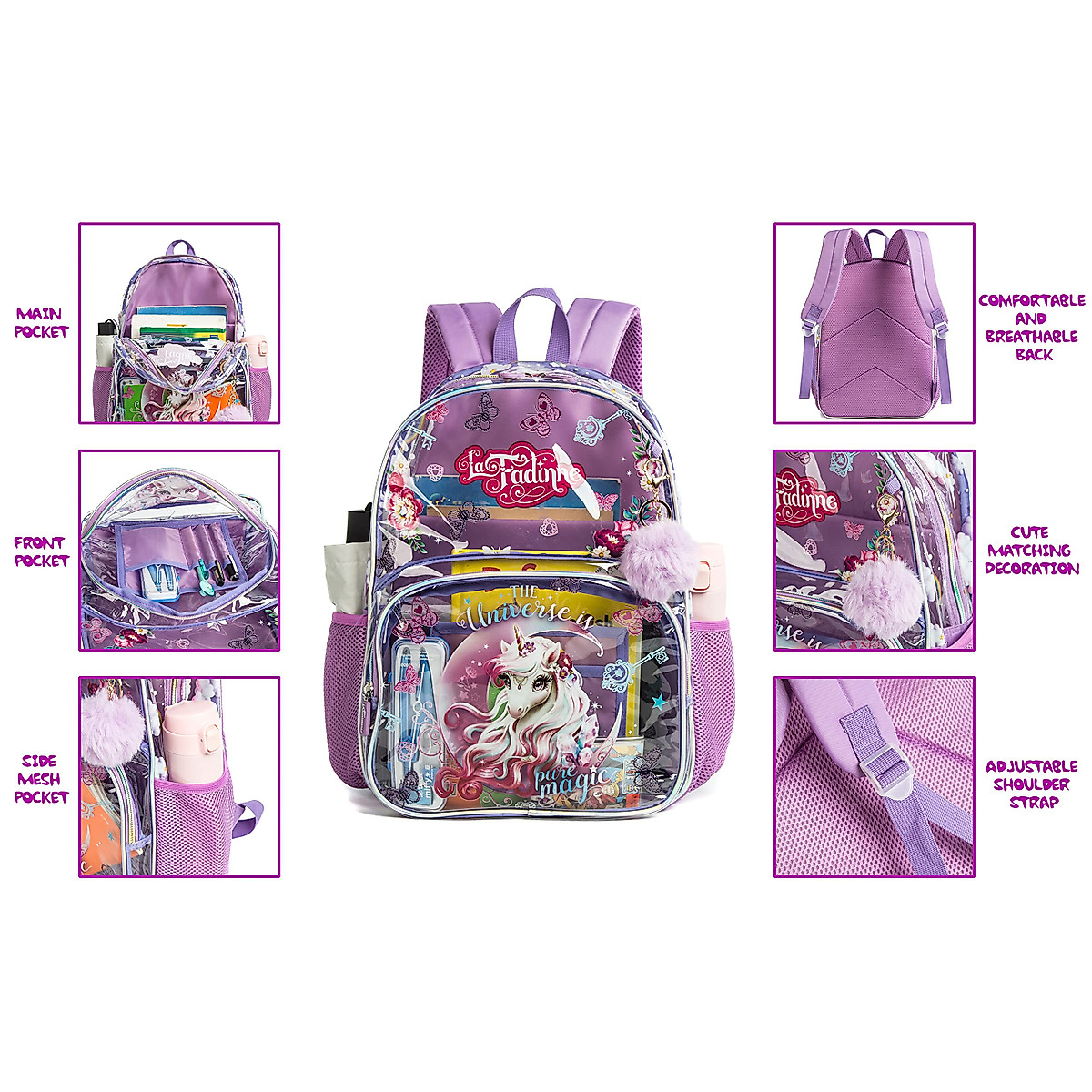 MOHCO Kids Backpack 16in Clear Transparent Backpack See Through School Bookbag with Lunch Bag and Pencil Case boys and Girls