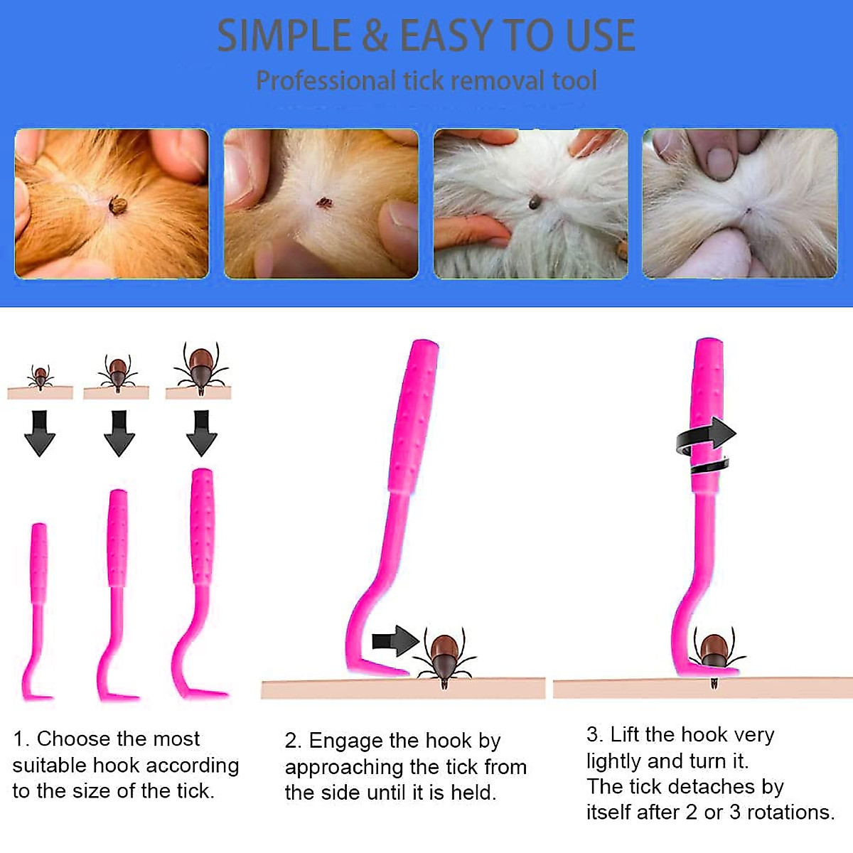 Tick Remover Tool Set - Comb, Tweezer, and Flea Comb for Dogs, Cats, and Humans (3+1+1 Pack), Pink