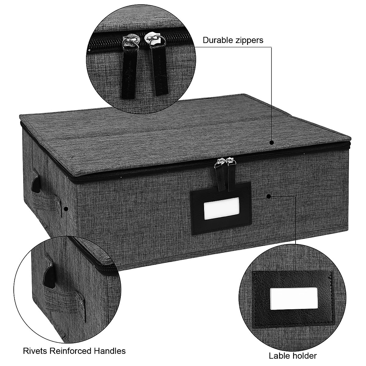 Gowee China Storage Containers Hard Shell, Platter Storage Case 17" x 13" x 6" for Dinnerware Storage and Transport, 5 Felt Dividers Included, Structured Top and Stackable (Black)