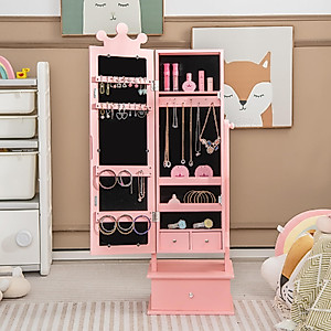 GOFLAME Kids Jewelry Armoire, Children’s Jewelry Cabinet with Full Length Mirror & Storage Drawers, Freestanding Jewelry Organizer for Girls, Birthday/Christmas Gift (Pink)