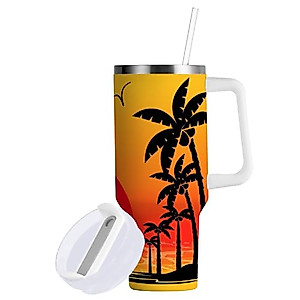 DIGTIA Stainless Steel Insulated Tumbler w/Handle & Straw, Sunset Trees Double Wall Vacuum Travel Coffee Mug Cup w/Lid, Leak-Proof Sports Seabirds Water Bottle,40oz