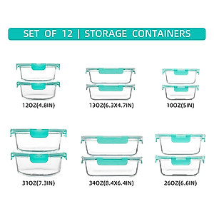 FAWLES 12 Pack Glass Storage Containers with Lids, Leak-Proof Meal Prep Containers, Dishwasher/Microwave/Oven/Freezer Safe Glass Food Storage Containers for Leftovers, to Go