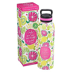 Christian Art Gifts Stainless Steel Double Wall Vacuum Insulated Water Bottle for Women: Taste and See - Psalm 34:8 Inspirational Bible Verse w/Carry Handle Lid Hot/Cold, Lime Green & Pink, 24 oz.