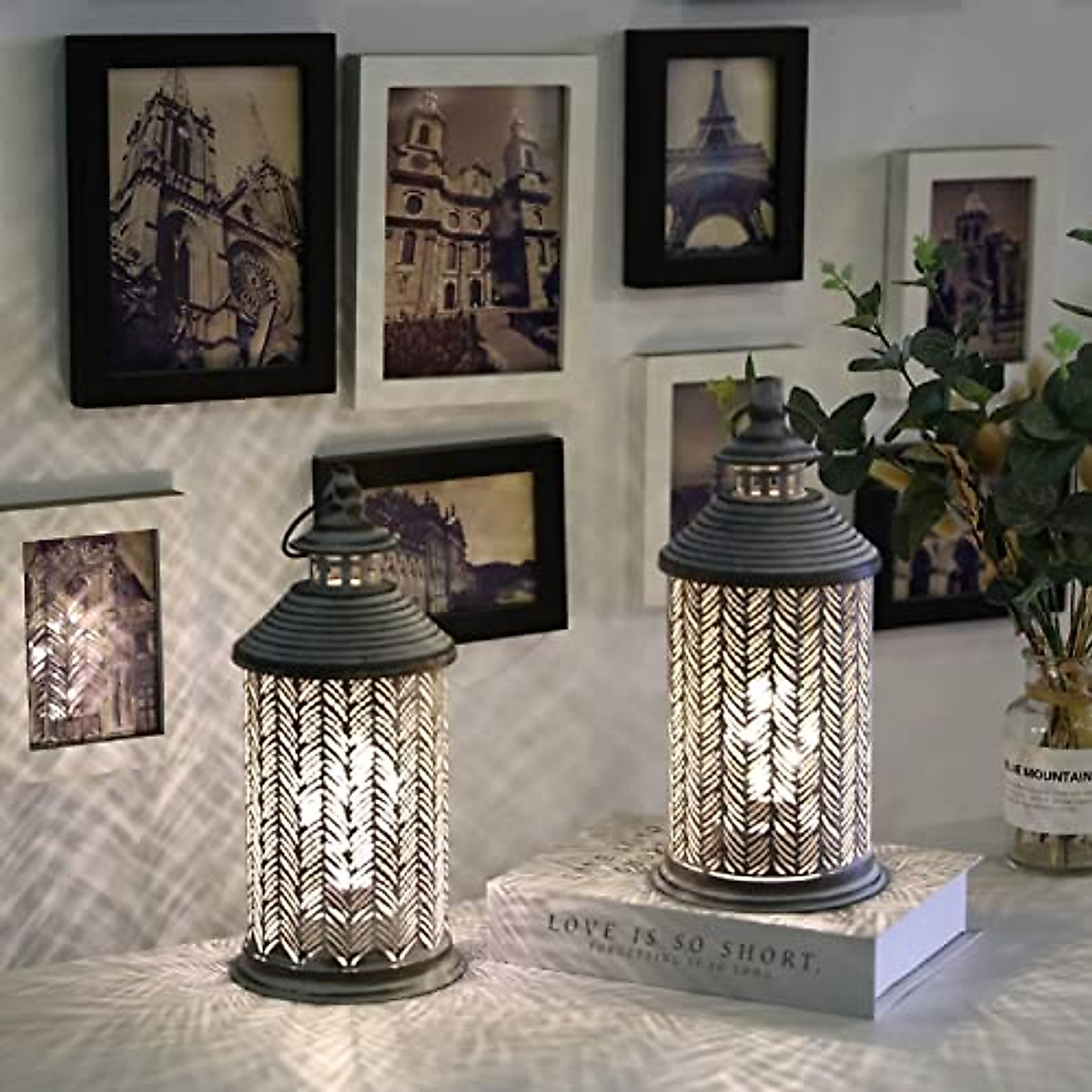 JHY DESIGN Set of 2 Metal Table Lamp Battery Powered 10.5" Tall Cordless Lamp Light with Edison Style Bulb Battery Operated Great for Living Room Bedroom Parties Indoors Outdoors (Bamboo Leaves)