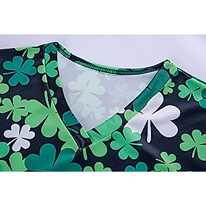 St. Patrick's Day Scrub Tops Women Cute V-Neck Green Shamrocks Printed Working Uniforms Shirt 2 Pockets Holiday Tshirt