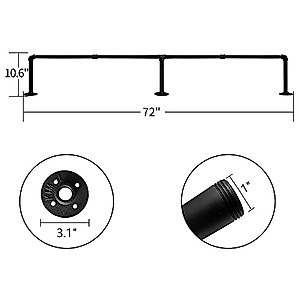 STARKOO Clothes Rack, 72in Industrial Pipe Wall Mounted Clothing Rack, Closet Garment Rack for Hanging Clothes, Heavy Duty Black Steel Iron Hanging Rod Bar for Laundry Room 3 Base