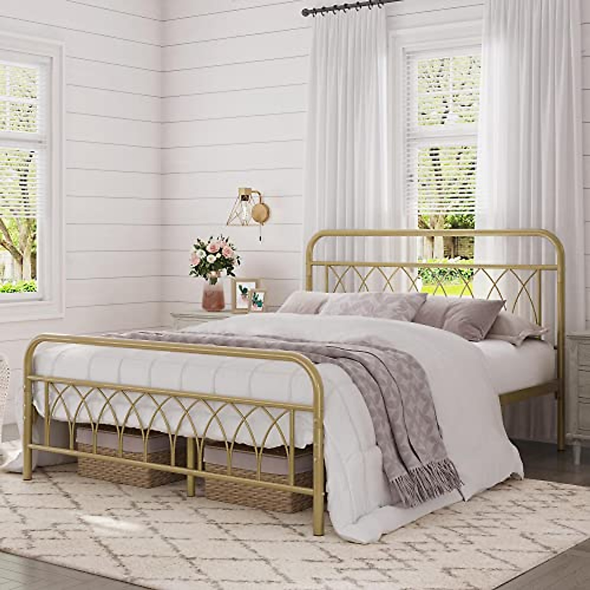 Yaheetech Full Bed Frame Metal Platform Bed with Petal Accented Headboard/Footboard/14.4 Inch Under Bed Storage/No Box Spring Needed,Antique Gold