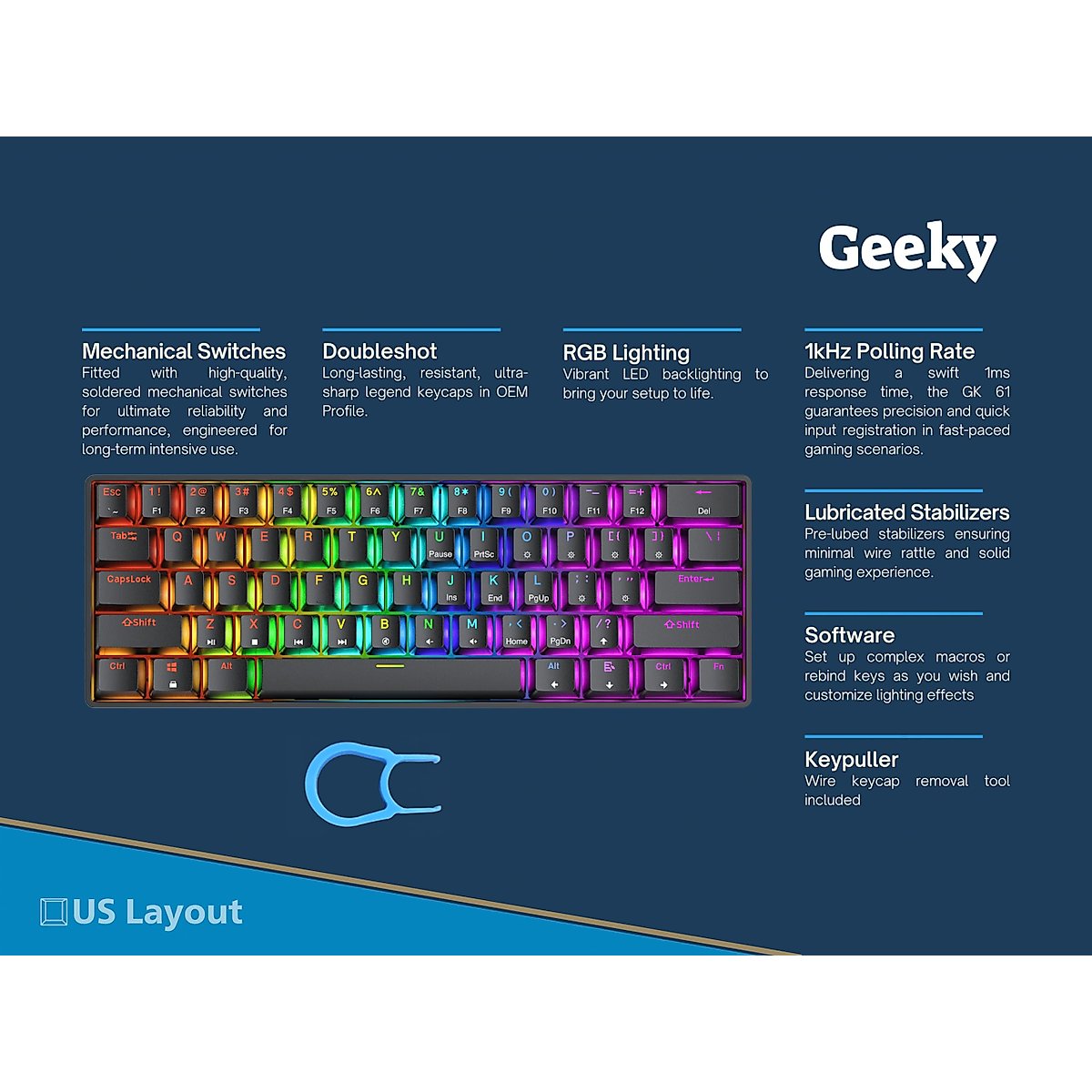 Geeky GK61 SE 60% | Mechanical Gaming Keyboard | 61 Keys Multi Color RGB LED Backlit for PC/Mac Gamer | ANSI US American Layout (Black, Mechanical Brown)
