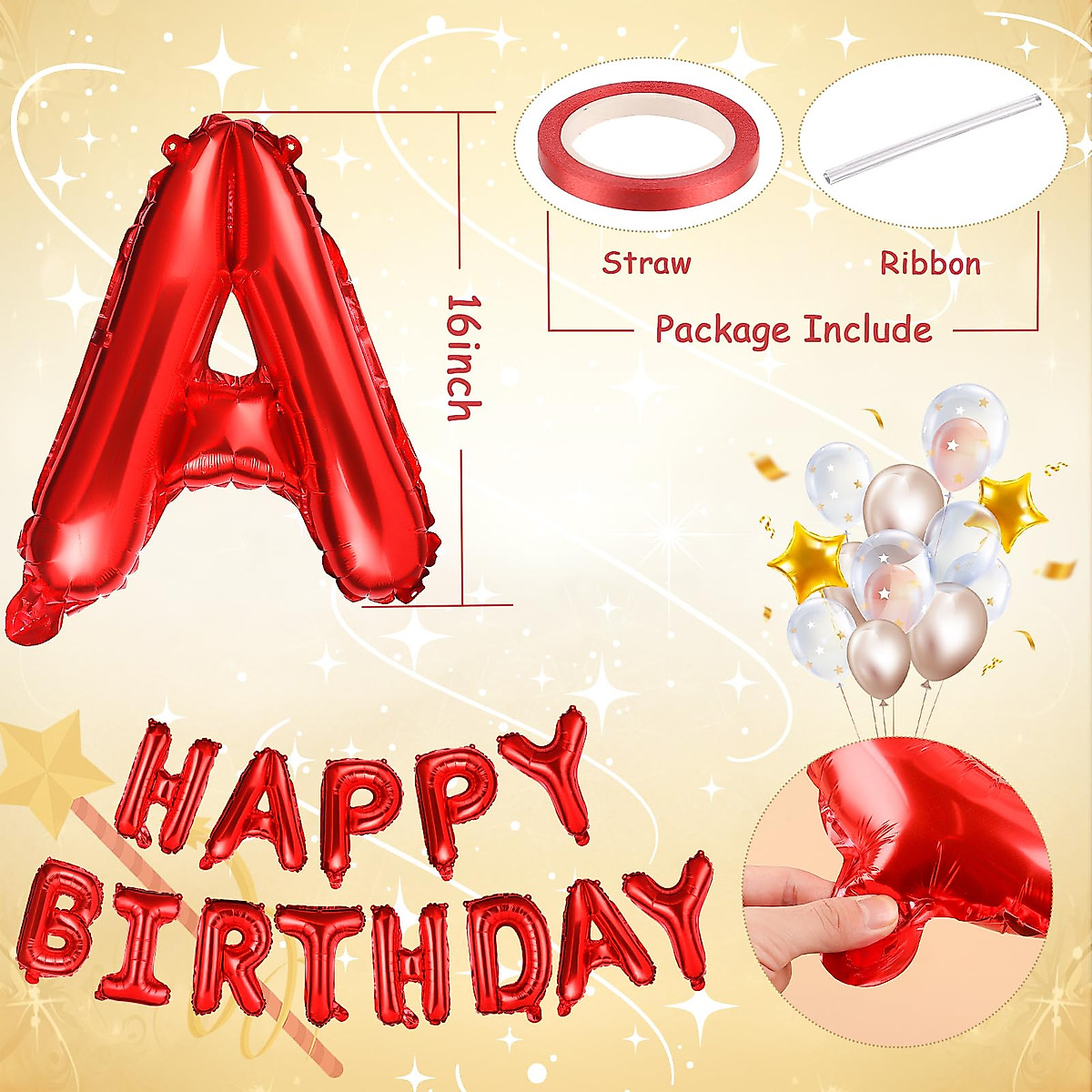 3D Red Happy Birthday Balloons Banner 16 Inch Mylar Foil Balloon Letters Balloons Red Aluminum Foil Letters Sign Bunting Reusable Party Decor for Kids Boys Men Women Adult Baby Shower Party Supplies