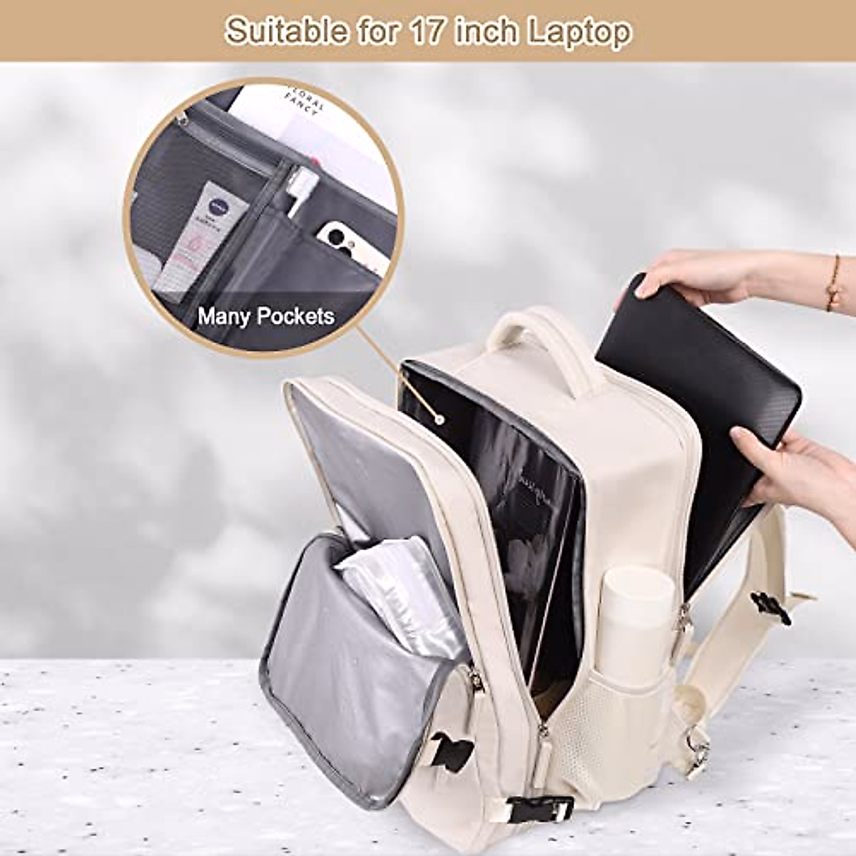 Sinaliy Large Travel Backpacks (Beige+Black), 40L Carry On Backpack, 17 Inch Laptop Backpack, Waterproof Backpack, College Bookbag, Laptop Backpack, Backpack for Women, as Person Item Flight Approved