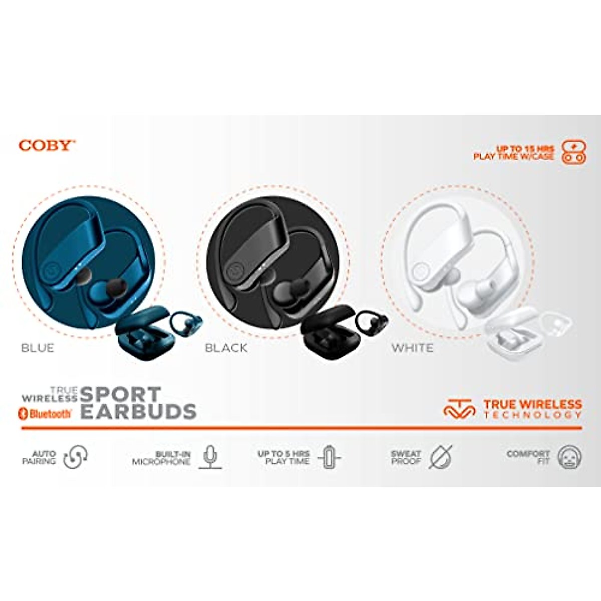 COBY True Wireless Sport Earbuds 15 Hours, Charging Case, Playback Controls, Siri and Google Assistant, Auto Bluetooth 5.0 Pairing, for Gym, Running, Workout - Works with iPhone, Android, iPad (Black)