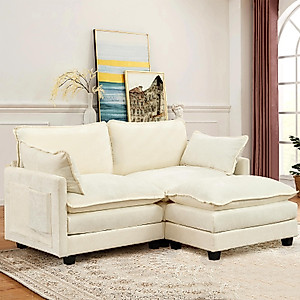 VUYUYU L Shaped Couch Sectional Sofa with Reversible Ottoman, Modern Cloud Couch Deep Sofa for Living Room Comfy Upholstered Sofa Sleeper for Apartment/Office/Small Space (Cream White, Loveseat)