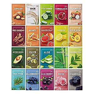 THESAEM Natural Facial Mask Sheet 21ml 20 Pack - Korean Skincare Moisturizing and Nourishing Facial Mask Sheet Variety Combo Pack