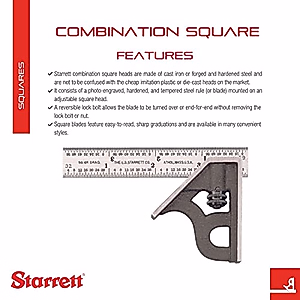 Starrett Steel Combination Square with Square Head - 4" Blade Length, Cast Iron Heads, Hardened Steel, Reversible Lock Bolt, 4R Graduation Type - 11H-4-4R