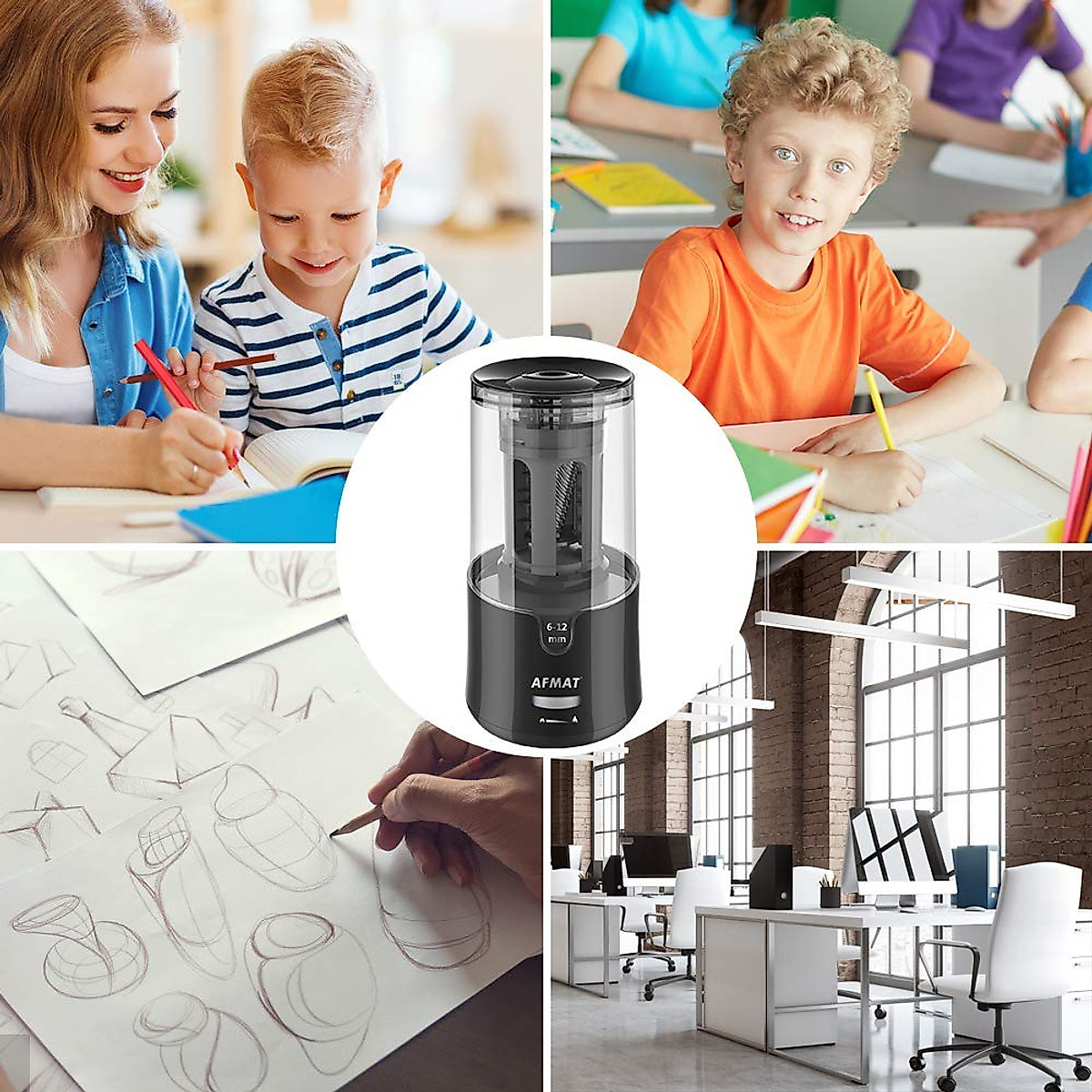 AFMAT Electric Pencil Sharpener, Pencil Sharpener for Colored Pencils, Auto Stop, Super Sharp & Fast, Electric Pencil Sharpener Plug in for 6-12mm No.2/Colored Pencils/Office/Home-Black