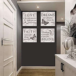 Butterfly Wall Art Grey Love Dream Faith Believe Quotes Pictures Bathroom Bedroom Living room Wall Decor Canvas Posters Prints (12 * 12inch*4)