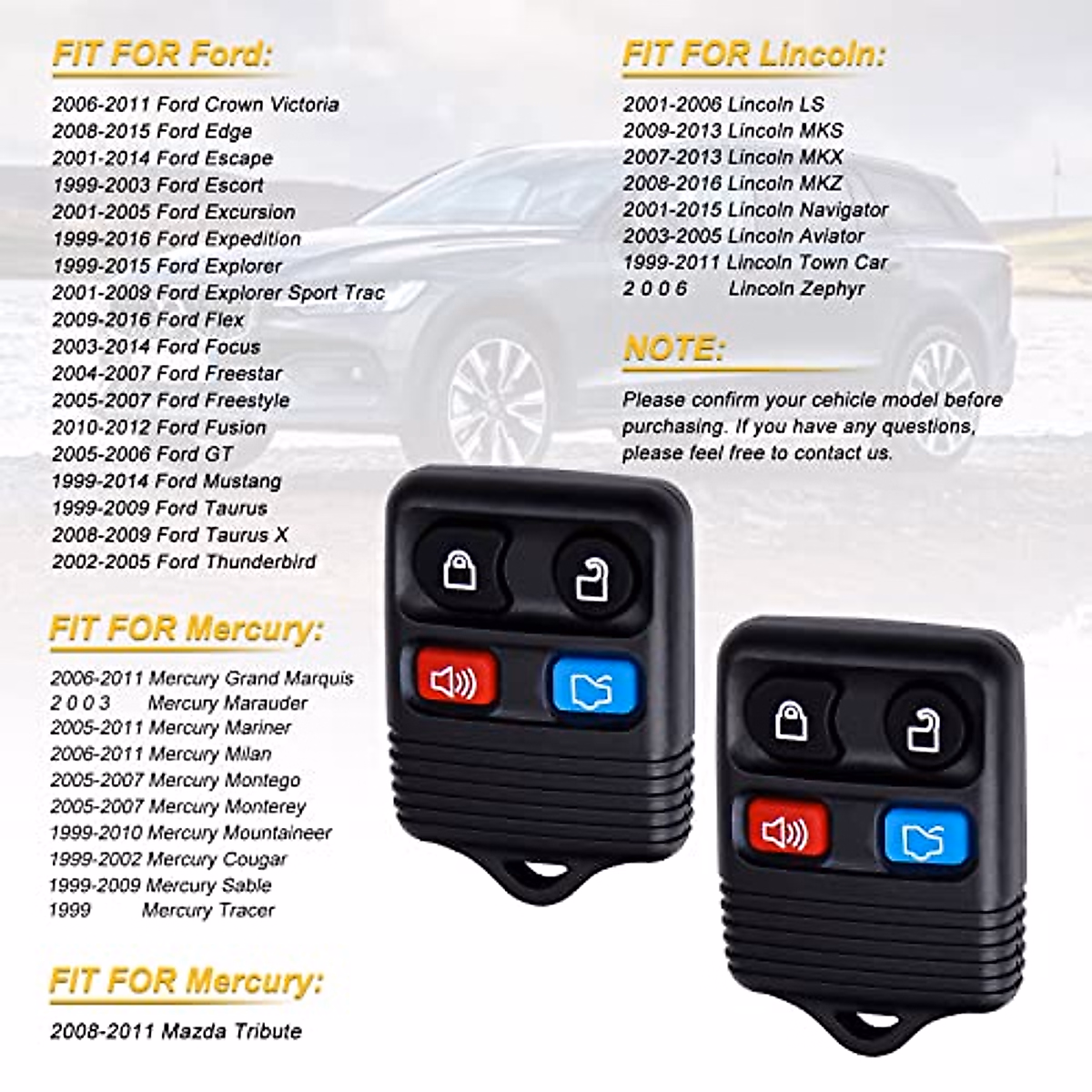 Pilida Keyless Entry Remote Clicker Control Replacement Fit for Escape Focus Fusion Mustang Taurus Explorer| Lincoln| Mercury| 4 Button Car Key Fob CWTWB1U345 Pack of 2