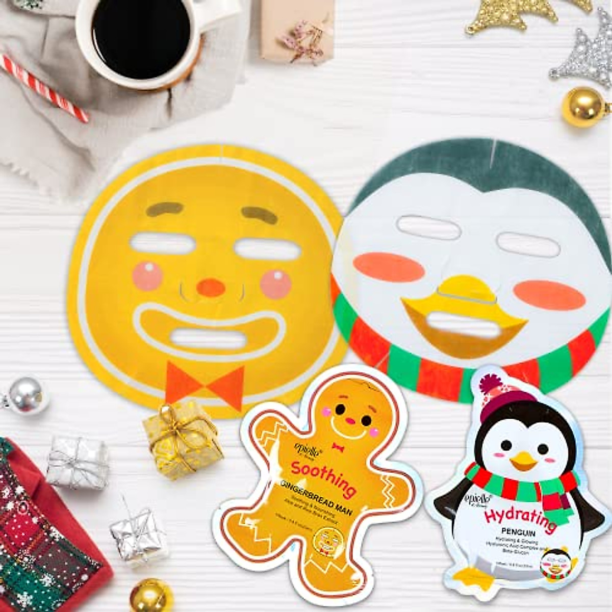 Epielle Christmas Holiday Character Sheet Mask Assortments,- Santa, Reindeer, Snowman, Elf, Stocking Stuffers, Christmas Gift Ideas (6pk) Birthday Party Gift for her kids, Spa Day Party, Girls Night | Holiday Stocking Stuffers