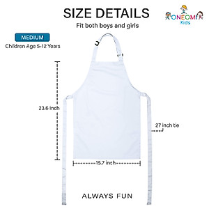 ONEOMI Kids Apron, Medium, 100% Cotton With An Adjustable Strap to fit All Ages, Ideal for Cooking, Baking, Painting, Decorating, Party, Chef, Art and Classroom Children Apron (1, White)