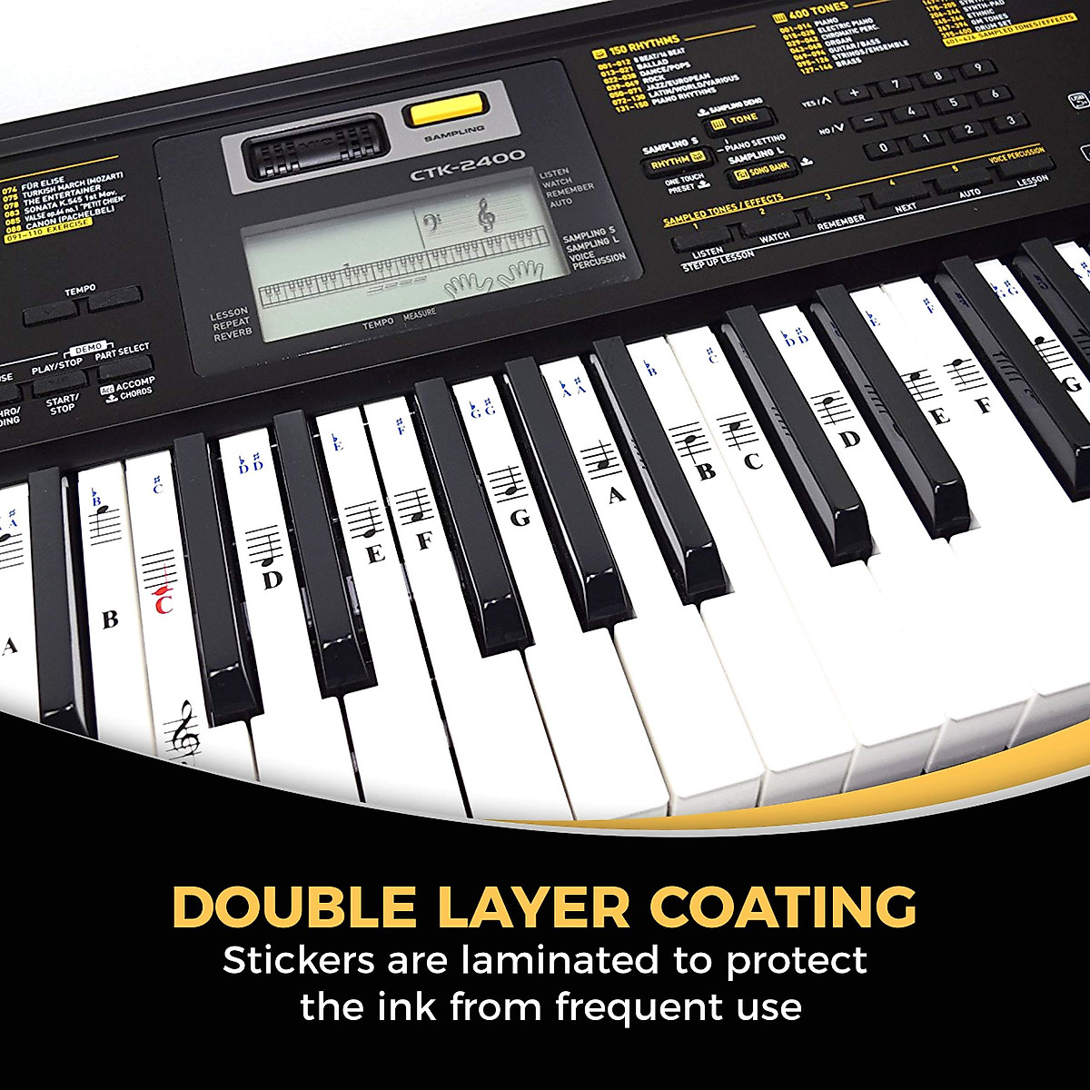 QMG Piano Stickers for 49/61/ 76/88 Key Keyboards – Transparent and Removable; Made in USA