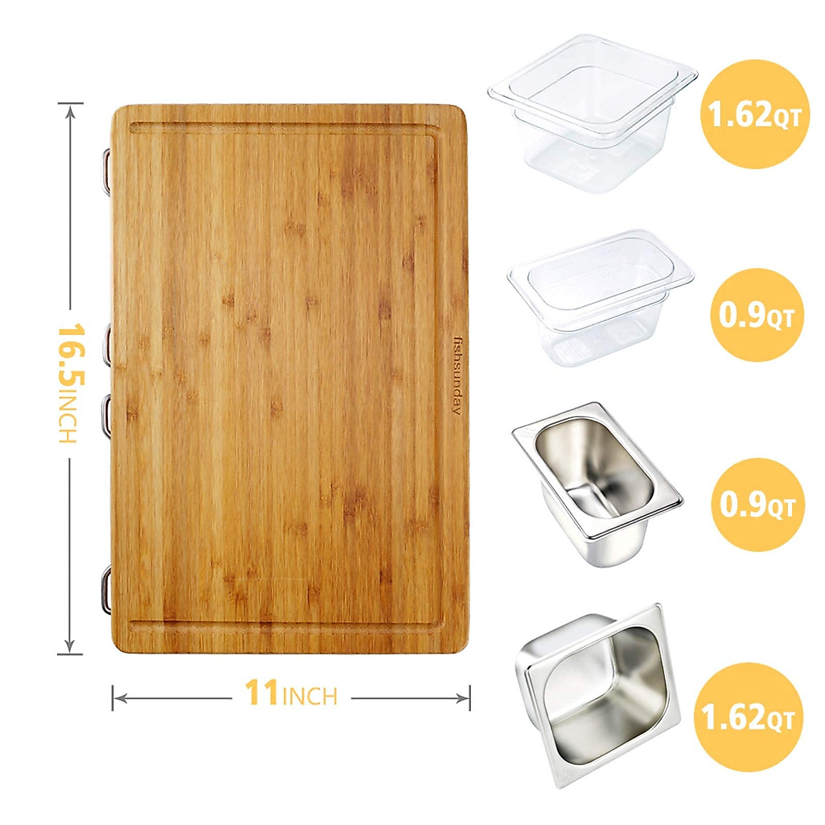 Bamboo Cutting Board with Containers (Set of 4), Chopping Boards for Kitchen, Chopping Board with Juice Groove for Meat Fruits and Vegetables, Natural Serving Tray with Easy Grip Handle(16" x 10")