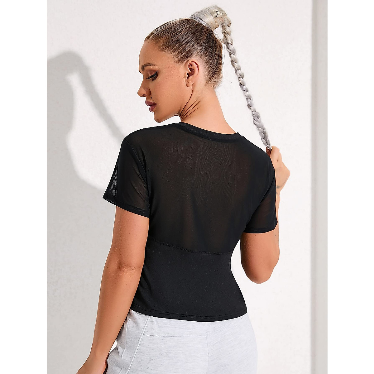 MakeMeChic Women's Workout Athletic Shirts Letter Graphic Mesh Insert Short Sleeve Crew Neck Stretch Sports Crop Tops Black M