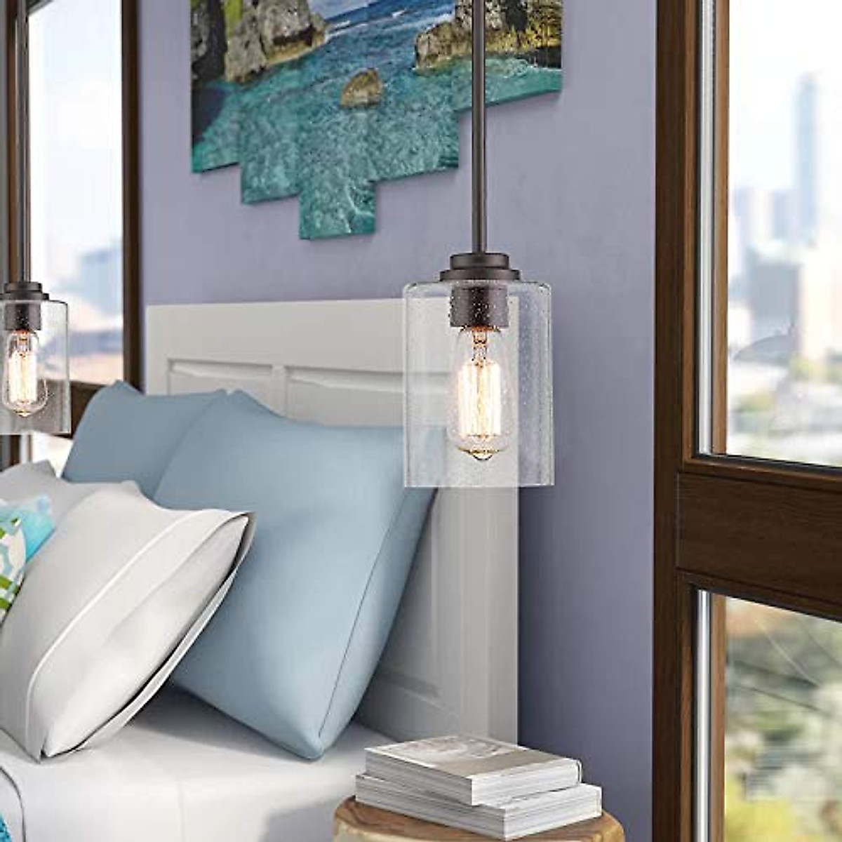 Beionxii Glass Pendant Light | Farmhouse Mini Pendant Lighting for Kitchen Island Dining Room Over The Sink, Oil Rubbed Bronze with Bubble Glass - DMD9002-1H/2PK