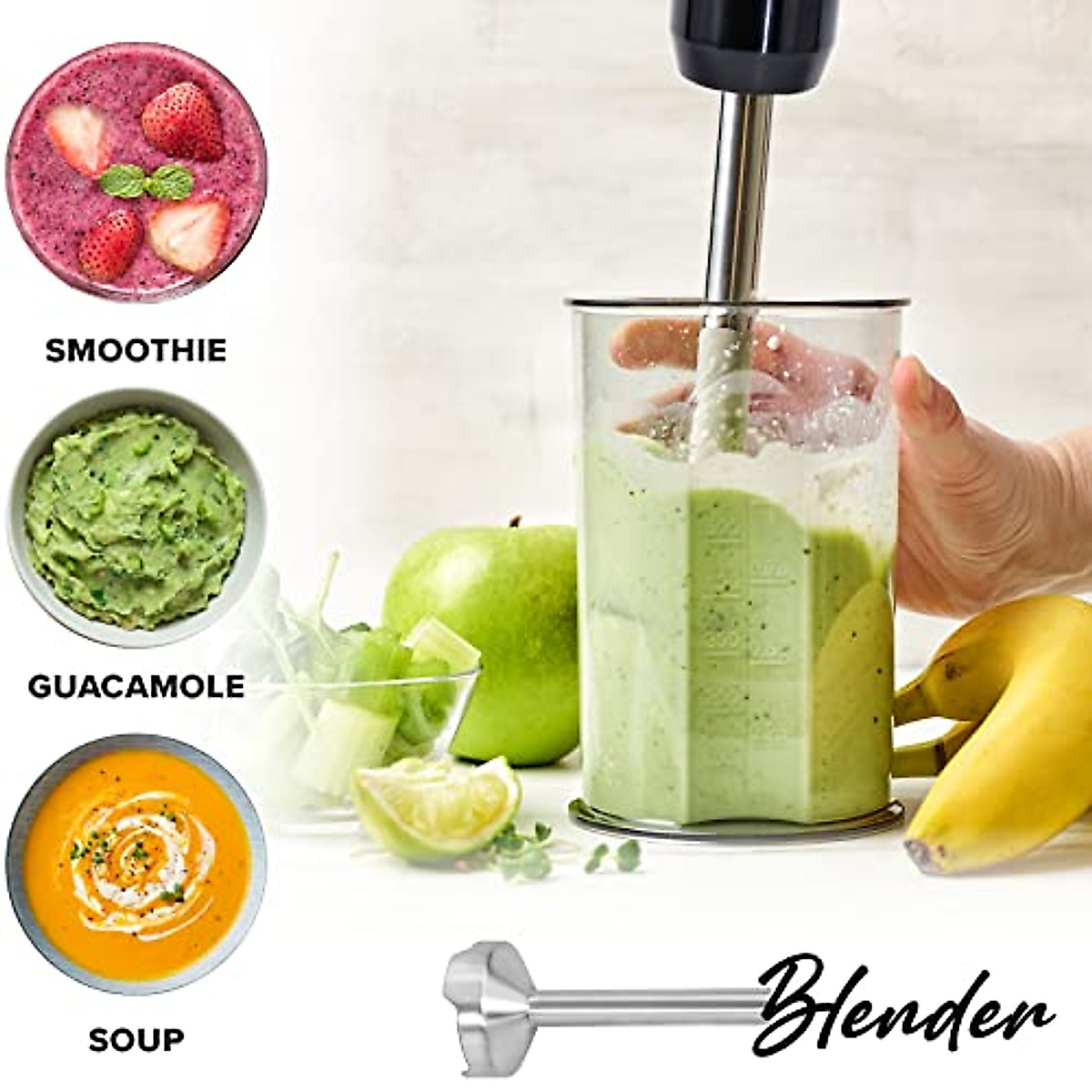 Powerlix 800W 5-in-1 Immersion Hand Blender - BPA Free 12 Speed Turbo Boost Titanium Reinforced Hand Held ABS Stainless Steel Stick, Electric Egg Whisk Milk Frother Chopper Blender with Bowl, Heavy Duty Food Processor for Baby Infant Food Shakes Smoothies