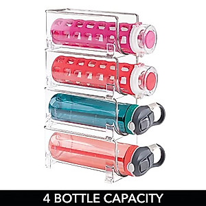 mDesign Plastic Free-Standing Water Bottle Holder Storage Organizer, Wine Rack for Kitchen Countertops, Table Top, Pantry, Fridge - Stackable, Each Rack Holds 1 Bottle, 4 Pack - Clear