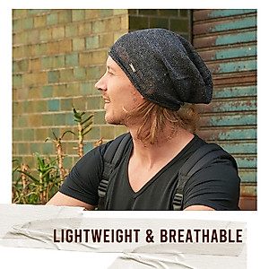 CHARM Linen Beanie Hat for Summer - Mens Slouchy Beanie Womens Baggy Knit Cap Cooling Hat Black