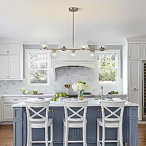 KCO Lighting Modern 7-Light Brushed Nickel Metal Large Chandelier Nordic Clear Glass Globe Farmhouse Pendant Light Silver Minimalist Adjustable Kitchen Island Hanging Ceiling Lights