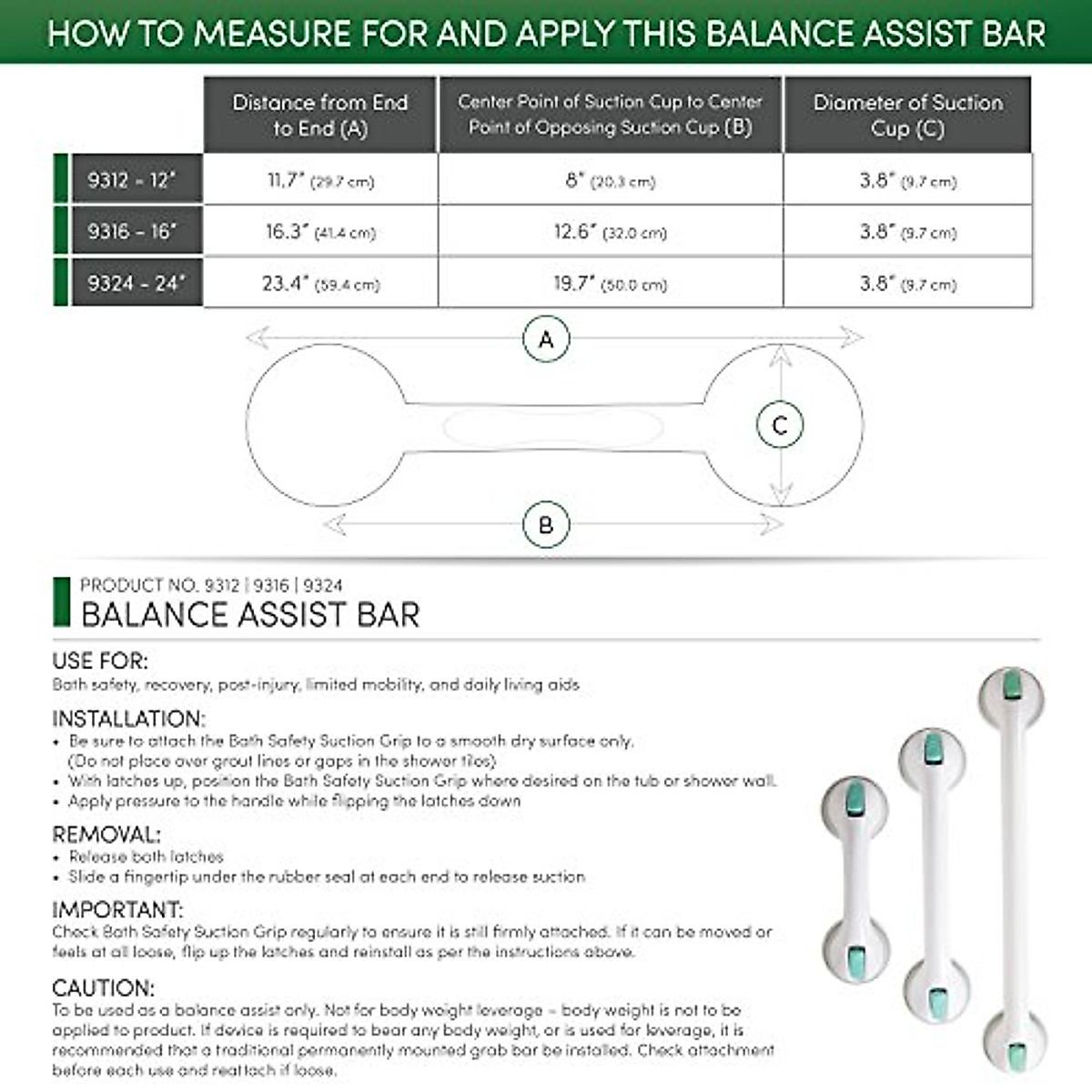 PCP Suction Grip Bathtub and Shower Safety Handle (24" Length), 24 inches