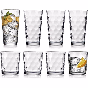 Home Essentials & Beyond Glassware Drinking Glasses Set Of 8 4 Highball (17 oz.) Kitchen Glasses | 4 (13 oz.) Rocks Glass Cups for Water, Juice and Cocktails.