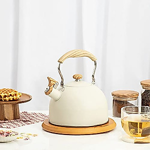 Tea Kettle,2.6 Quart Whistling Tea Kettle,Tea Kettle Stovetop,Food Grade Stainless Steel Teapot with Wood Pattern Handle, Loud Whistle Kettle for Tea, Coffee, Milk(Beige-2.6 Quart)