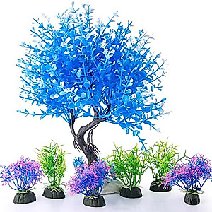 HITOP Pets Plastic Plants for Fish Tank Decorations Large Artificial Aquarium Decor (Blue-White Tree)