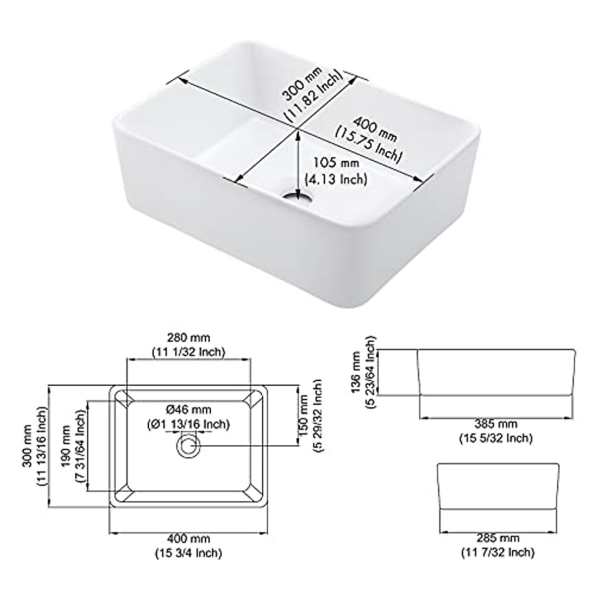 KES Rectangle Vessel Sink 16"X12" White Bathroom Sink Above Counter Porcelain Ceramic Small Sink Bowl, BVS110S40