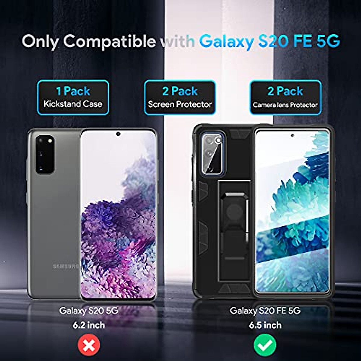 HATOSHI Samsung Galaxy S20 FE 5G Case with 2 Pack Glass Screen Protector+ 2 Pack Camera Lens Protector, [Military Shockproof] Magnetic Ring Kickstand Protective Phone Cover for Samsung S20 FE, Black