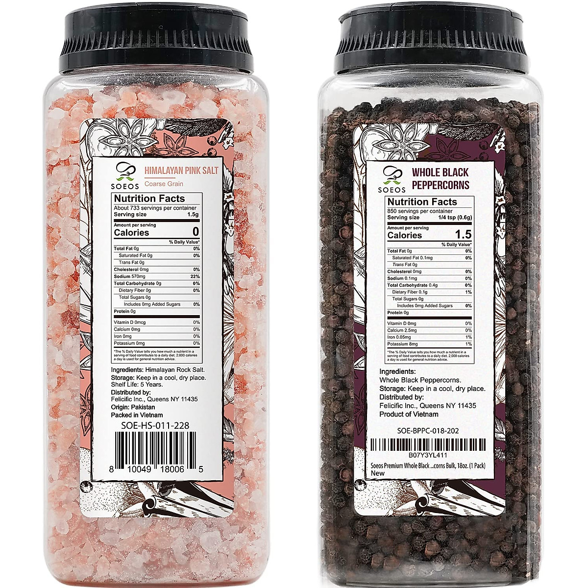 Soeos Himalayan Pink Salt 39 oz + Whole Black Peppercorns 18 oz, Kosher Bulk, Coarse Salt, for Grinder Refill, Peppercorns, Pepper and Grinder, Non-GMO Verified, Kosher, Spice Seasoning Set For Cooking