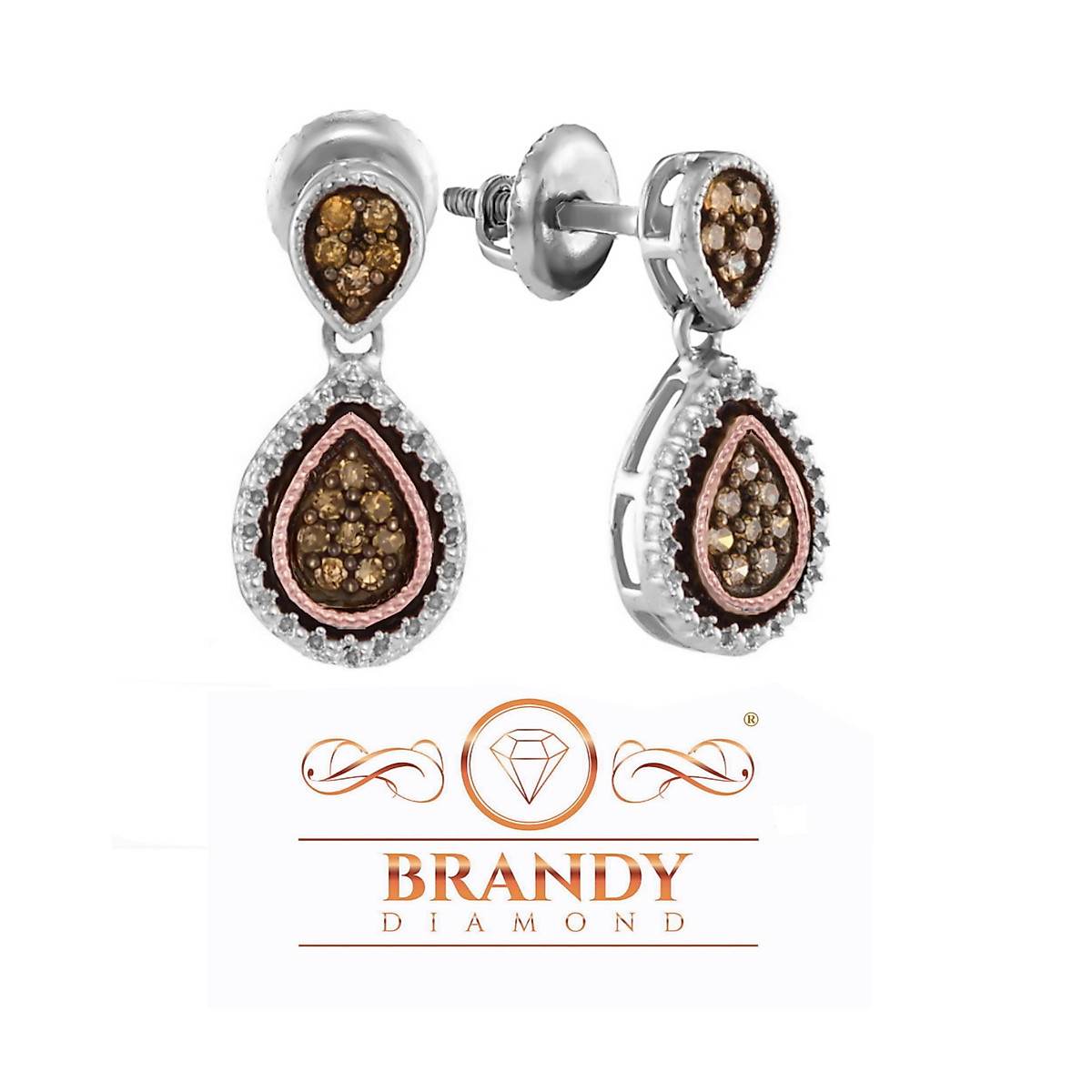 Brandy Diamond 14K Gold silver Chocolate Brown Diamond Teardrop Beautiful Earrings 1/3 Ctw.