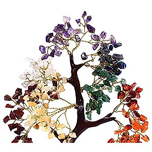 Shawn Seven Chakra Natural Healing Gemstone Bonsai Fortune Money Tree for Good Luck, Wealth & Prosperity Office Decor Spiritual Gift (with Golden Wire and 300 Beads) Size 10-12 Inches, Golden,natural