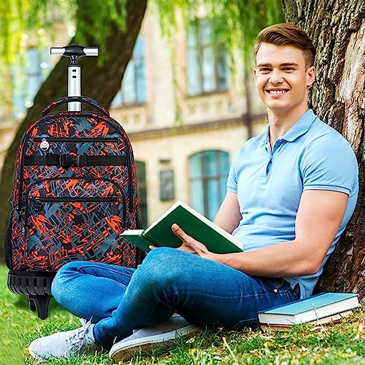 ZLYERT 3PCS Rolling Backpack for Boys, Travel Wheeled Backpacks for Adults, Teens College Roller Bookbag with Wheels for Men - Red