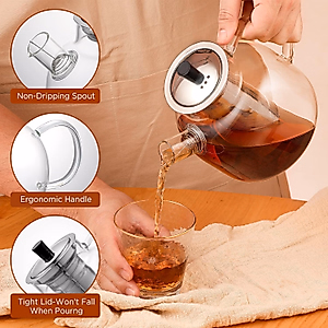 1500ml(52oz) Glass Teapot with Removable Infuser, Ehugos Stovetop Safe Large Tea Pot, Blooming and Loose Leaf Hand Crafted Kettle for Women and Adult with Stainless Infuser
