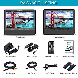WONNIE 7.5'' Dual Car DVD Player, Portable DVD Player for Car Plays Same Movie, with 5 Hours Rechargeable Battery, Support USB/SD/Sync TV, Regions Free, Last Memory, AV Out & in (1 Player+1 Monitor)