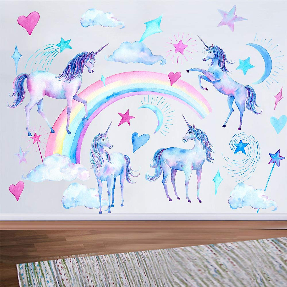 Wajade Unicorn Wall Decals, 2 Sheets Unicorn Rainbow Peel and Stick Wall Stickers Removable Wall Decor for Girls Kids Bedroom Nursery Playroom Decor