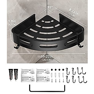MAZEME 2 Pack Adhesive Corner Shower Caddy Organizer with 4 Hooks and Bathroom Towel Bar, Hanging Plastic Shower Shelf Basket Storage Racks No Drilling Rustproof Wall Mounted for Dorm College, Black