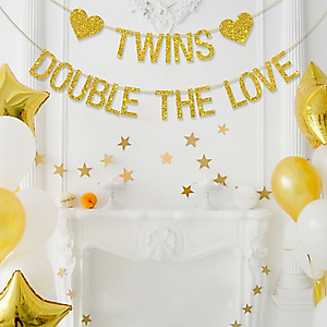 Ambishi Twins Double The Love Banner, Twins Baby Shower/Twins Birthday/Engagement/Wedding Party Decorations (Gold Gliter)