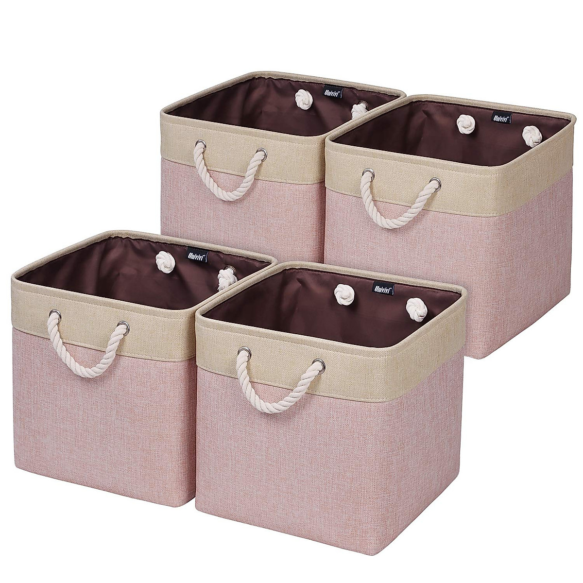Univivi Cube Storage Bin, Cubby Storage Basket with Sturdy Cotton Carry Handles for Shelf Closet Home Office Organizing [4-Pack,13'',Pink]