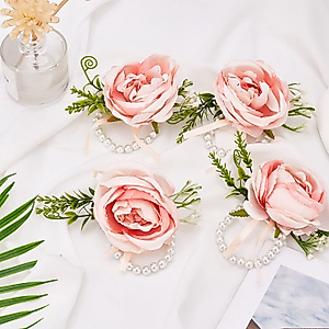 CRASPIRE 4pcs Wedding Wrist Corsage Pink Rose Corsage Wristlet Women Bride Bridesmaid Pearl Hand Flower Wristlet Band Bracelet for Wedding Party Prom Suit Festival Engagement Decorations