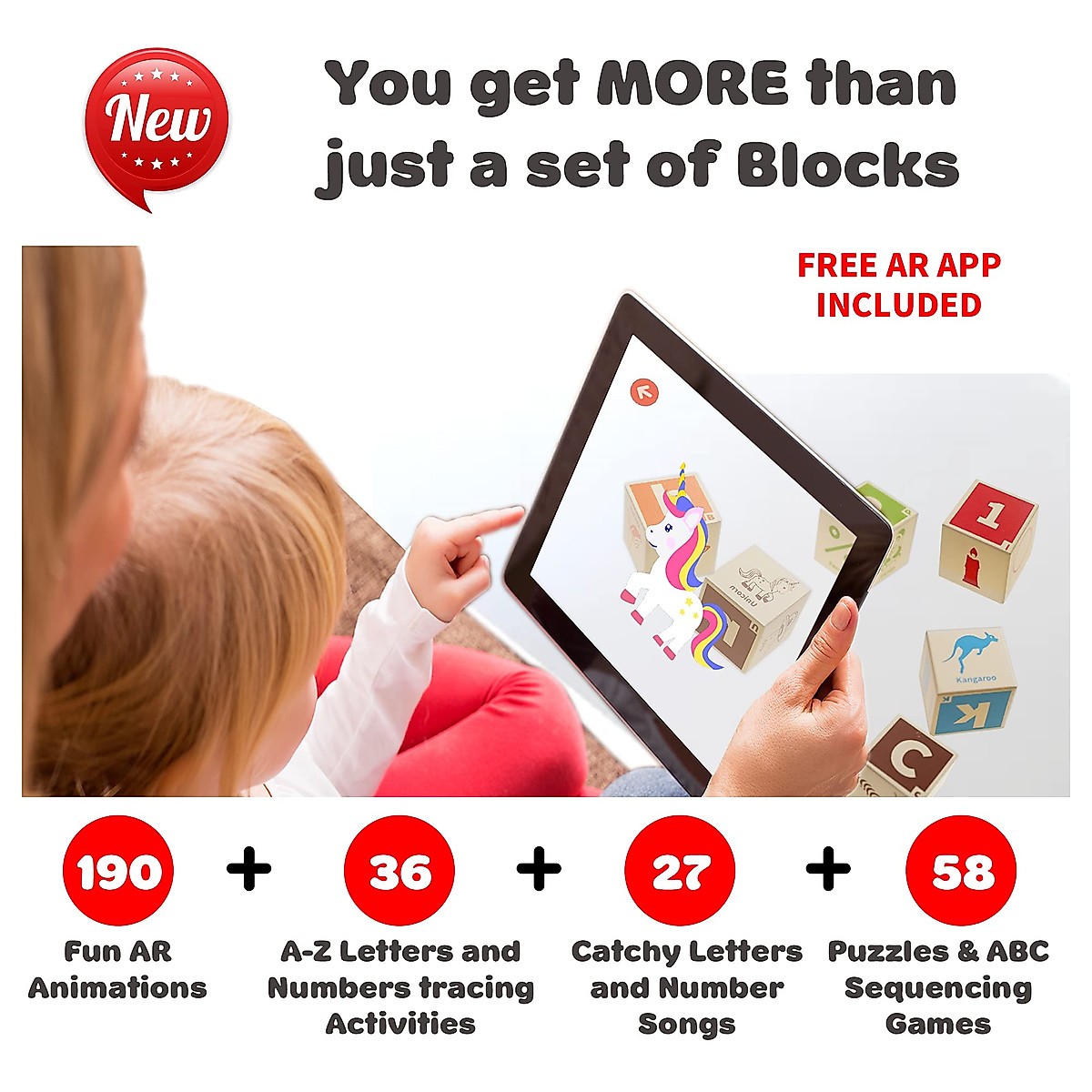 KIPPTO Wooden Alphabet and Numbers Blocks for Toddlers – 36 Large Bright-Colored Pieces. Includes Free AR APP for Interactive Play. Educational Toy for Preschool Kids. Kids Safe Non-Toxic Material