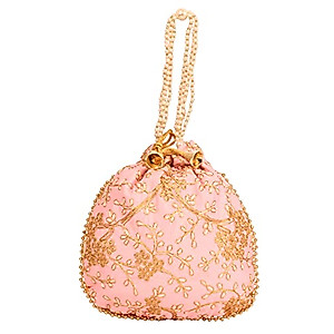 INDTRESOR beaded hand embroidered evening purse handbag vintage party wedding gift for women. Light Pink gold pearl